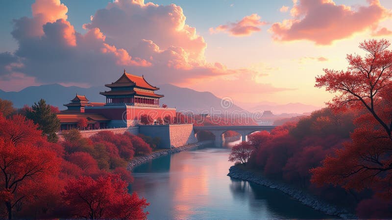 Ancient Chinese Palace with Red Trees and Bridge at Sunset. Stock ...