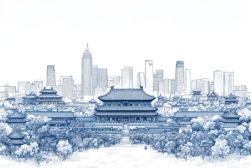 Ancient Chinese Palace Skyline Modern Cityscape Blue Sketch Stock ...
