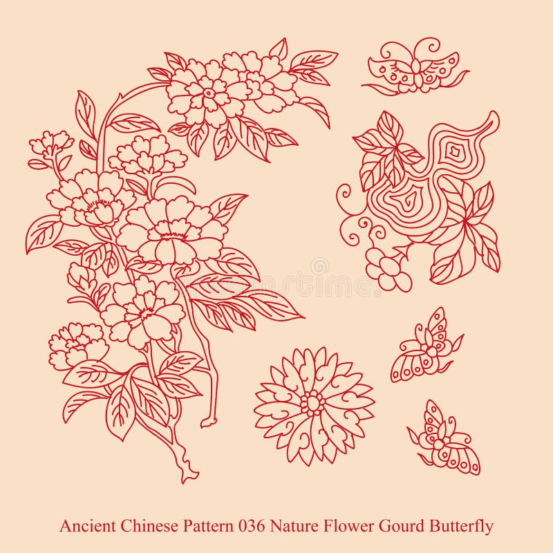 Ancient Chinese Pattern_036 Nature Flower Gourd Butterfly Stock Vector ...