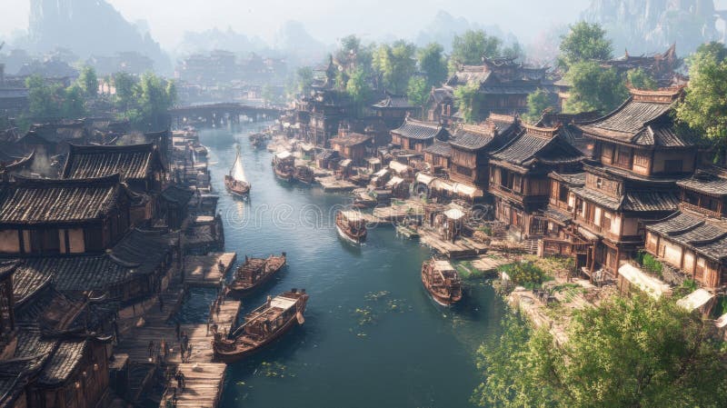 Ancient Chinese River Town Scenic Vista Stock Illustration ...