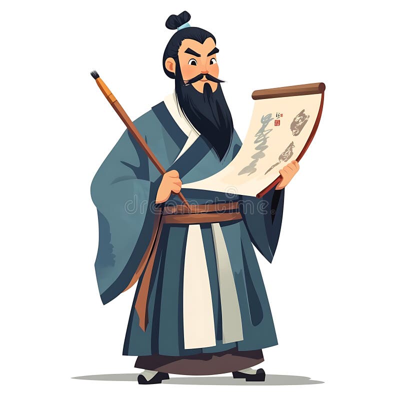 Ancient Chinese Scholar Reading Scroll in Blue Robe Stock Illustration ...