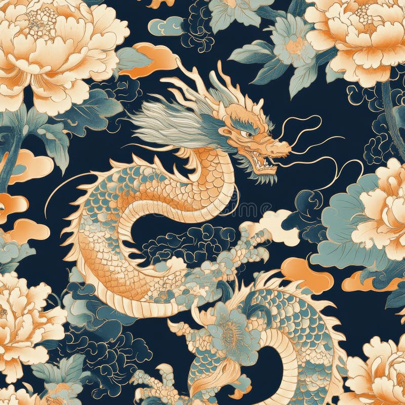 Ancient Chinese Silk Pattern with Interwoven Dragons, Peonies, and ...