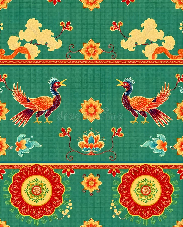Ancient Chinese Silk Pattern with Phoenix and Cloud Bands, Seamless Pattern. Stock Illustration ...