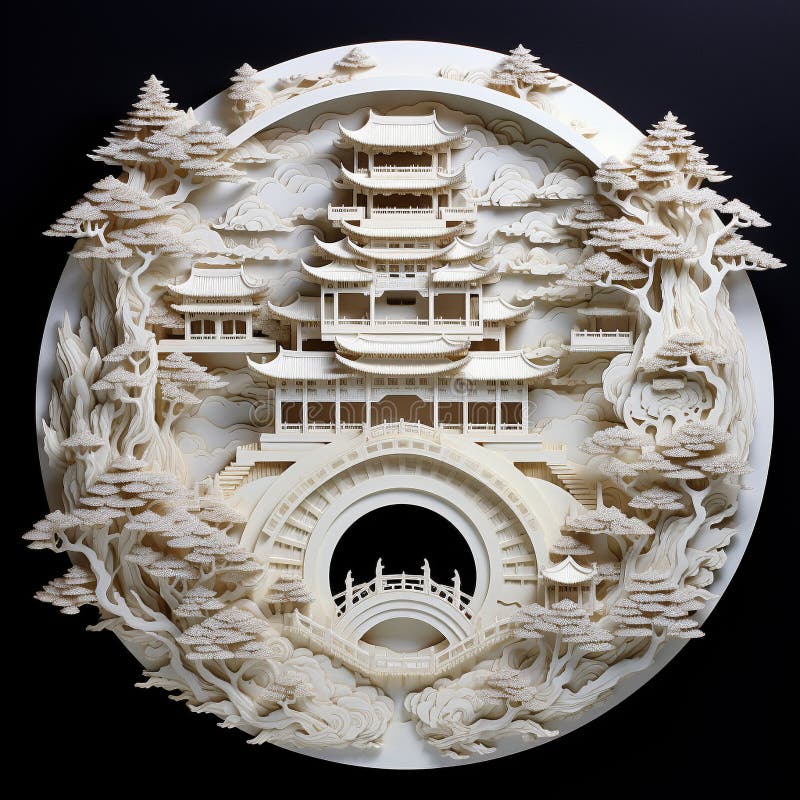 Ancient Chinese Temple Architecture Paper Carving on Black Background ...