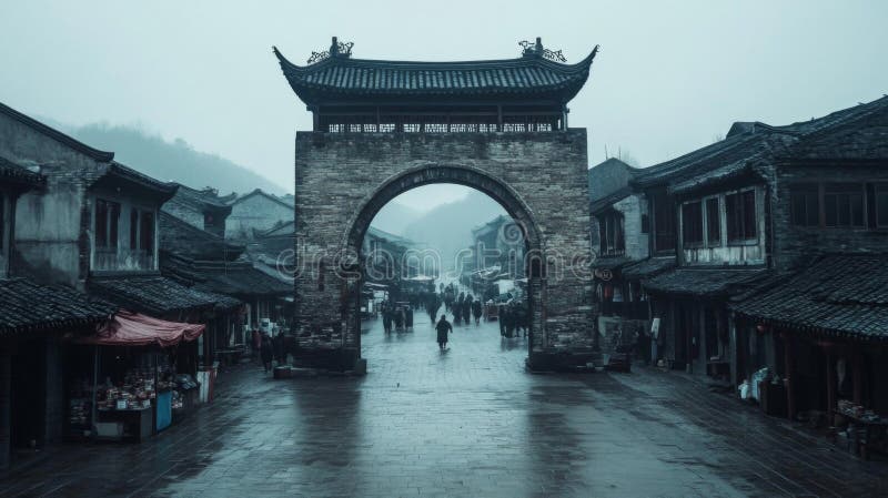 Ancient Chinese Town Gate and Street Scene Stock Illustration ...