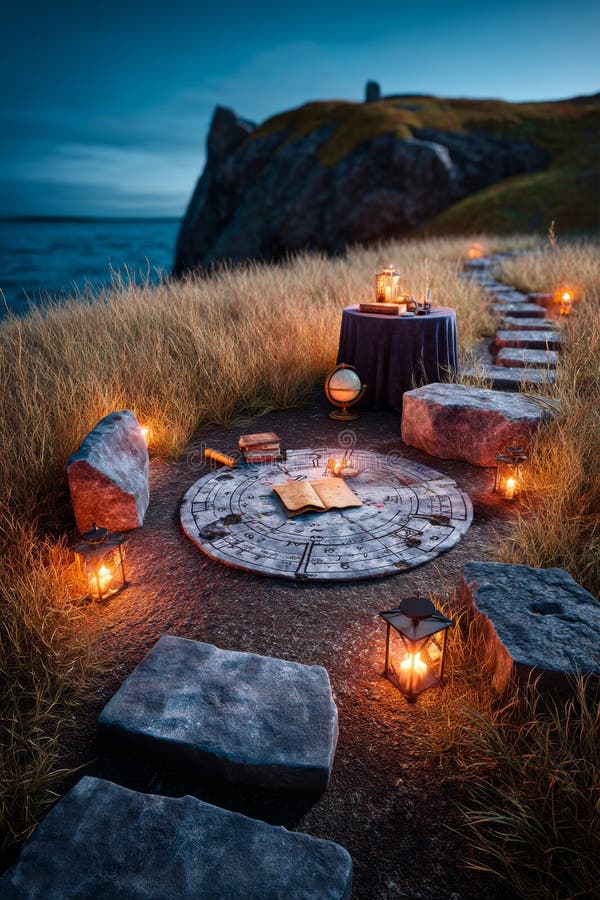 Ancient Circle with Esoteric Tools Under Moonlight by Coastal Cliffs ...