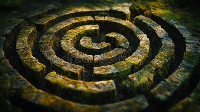 Ancient Circular Maze Overgrown with Moss in Forest Stock Illustration ...