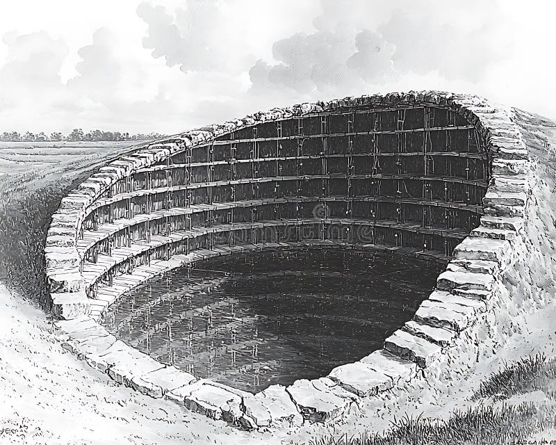 Ancient Circular Structure in Grassy Landscape Sketch Stock Photo ...