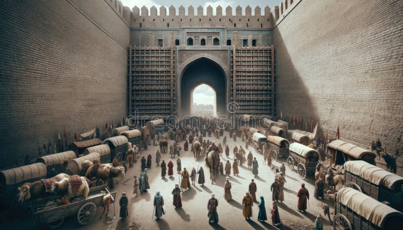 Ancient City Gate and Caravan Stock Illustration - Illustration of ...