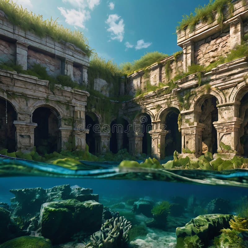 Ancient City Ruins Underwater Old Statues . Generative Ai (9 Stock ...
