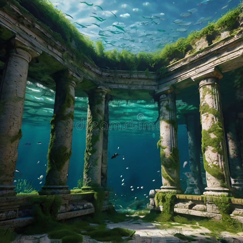 Ancient City Ruins Underwater Old Statues . Generative Ai (9 Stock ...