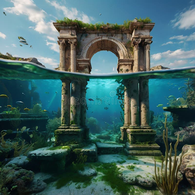 Ancient City Ruins Underwater Old Statues . Generative Ai (9 Stock ...