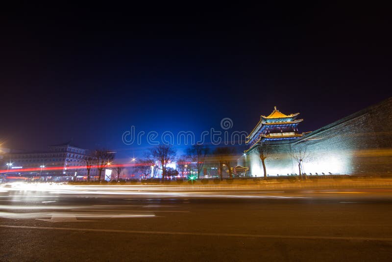 Ancient City Wall Night Scene and Tail Light Stock Photo - Image of ...