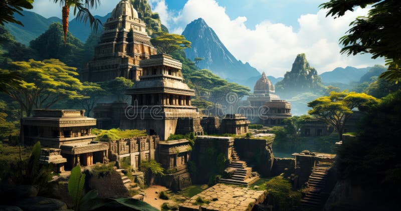 Ancient Civilization Mayan City among the Mountains Stock Illustration ...