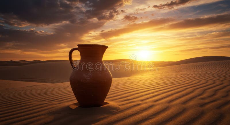 Ancient Clay Pitcher on Serene Desert Dunes at Golden Sunset Stock ...