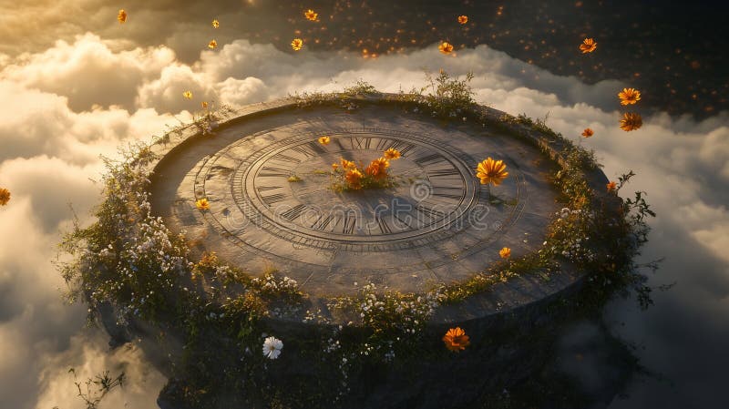 Ancient Clock Face Overgrown with Flowers Floating Above the Clouds ...