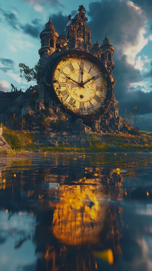 Ancient Clock Tower Reflected in Still Water at Twilight Stock Image ...