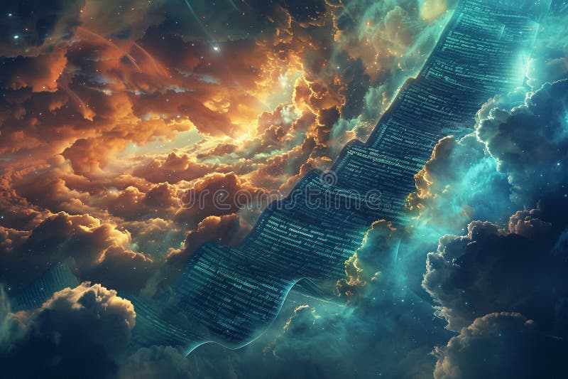 Ancient Cloud Computing Scrolls Unfurling in the Sky Inscribed with ...