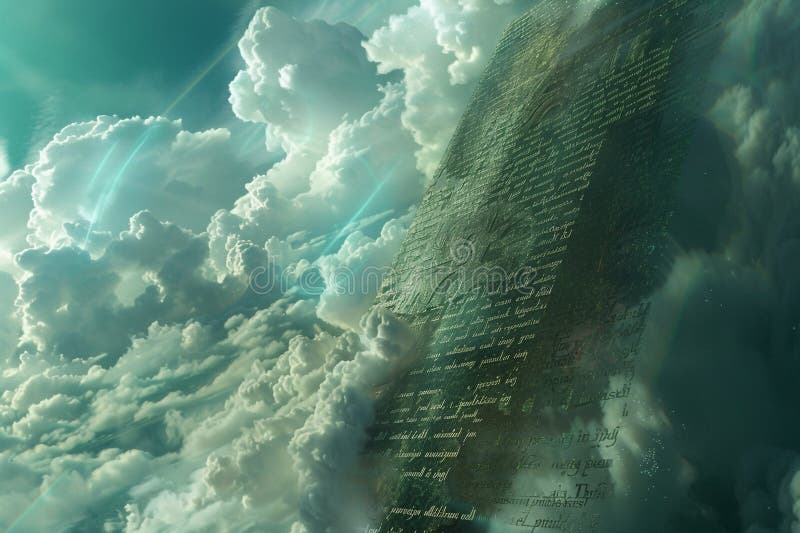 Ancient Cloud Computing Scrolls Unfurling in the Sky Inscribed with ...