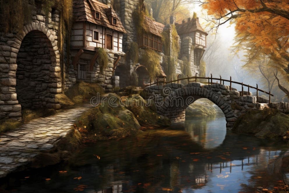 Ancient Cobblestone Bridge Over a Tranquil River Stock Illustration ...