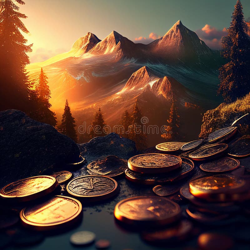 Ancient Coins of Gold Lie on the Stones on Which the Sunset Illuminates ...