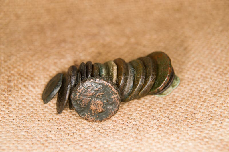 Ancient Coins with Portraits of Kings on the Old Cloth Stock Image ...
