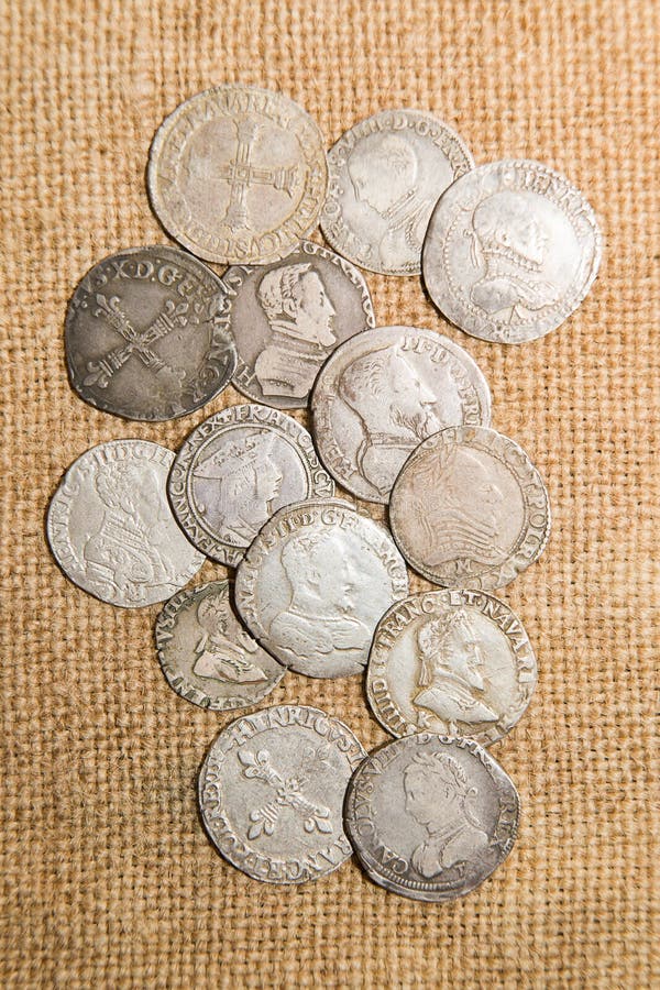 Ancient Coins with Portraits of Kings on the Old Cloth Stock Image ...
