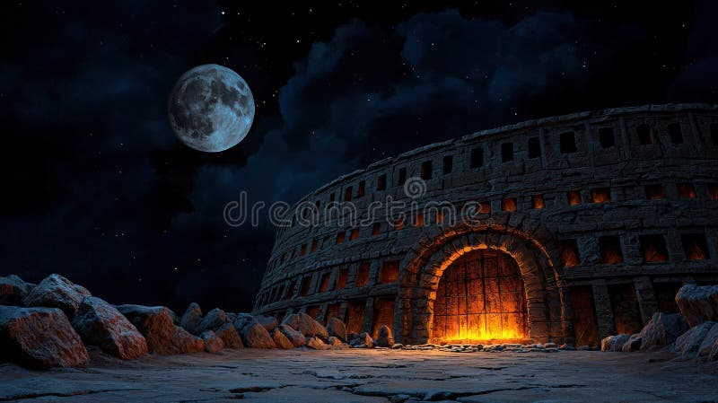 Ancient Coliseum Under a Full Moon with Fiery Entrance Dramatic Night ...