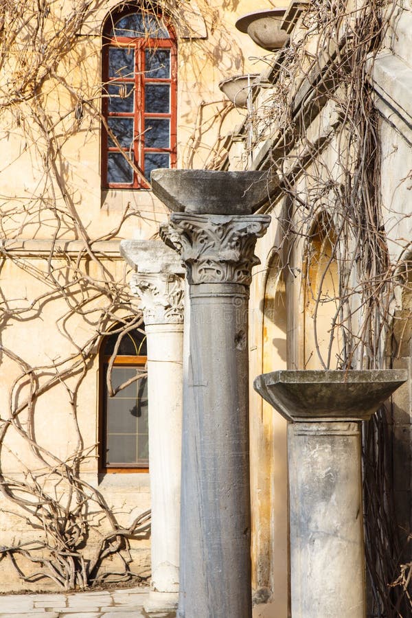 Ancient Columns Against the Wall Overgrown with Vines Stock Photo ...