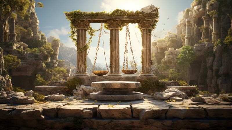 Ancient Columns and a Balanced Scale in a Rocky, Forested Landscape ...