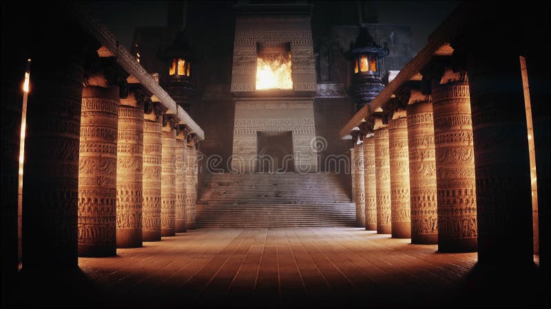 Ancient Columns and Fantasy Building with Fire. 3d Rendering. Stock ...