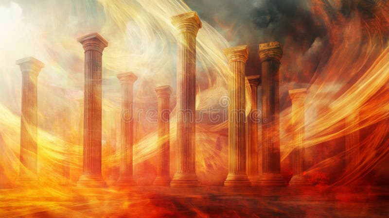 Ancient Columns in a Fiery, Swirling Sky Stock Illustration ...