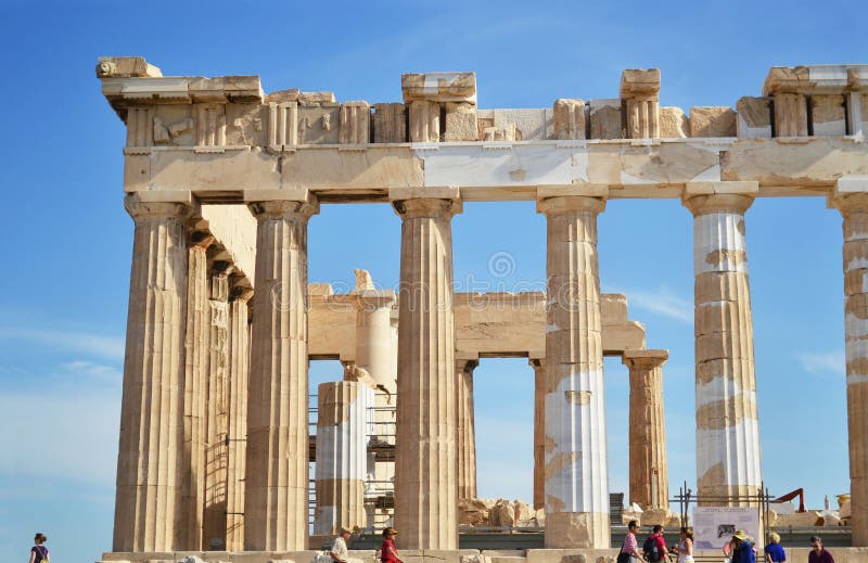 The Ancient Columns of the Parthenon Acropolis Greece with Tourists ...