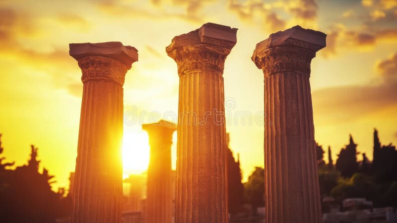 Ancient Columns at Sunset: Timeless Relics of Bygone Era Stock Photo ...