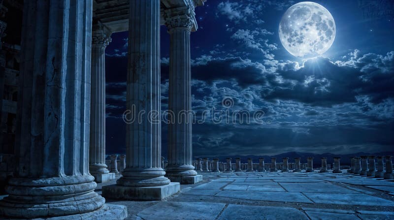 Ancient Columns Under a Full Moon Night Stock Illustration ...