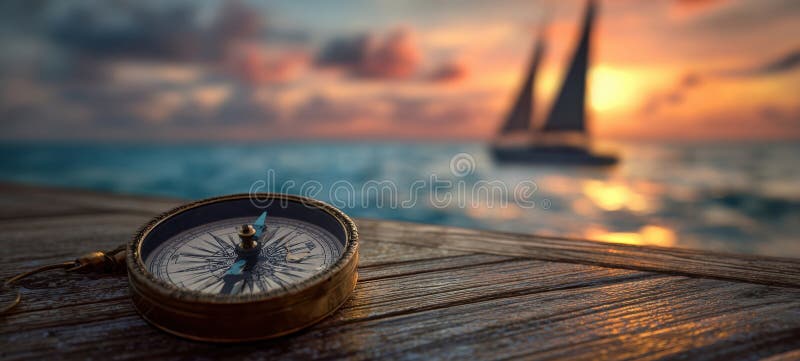 The Ancient Compass Resting on a Wooden Dock at Sunset Overlooking the ...
