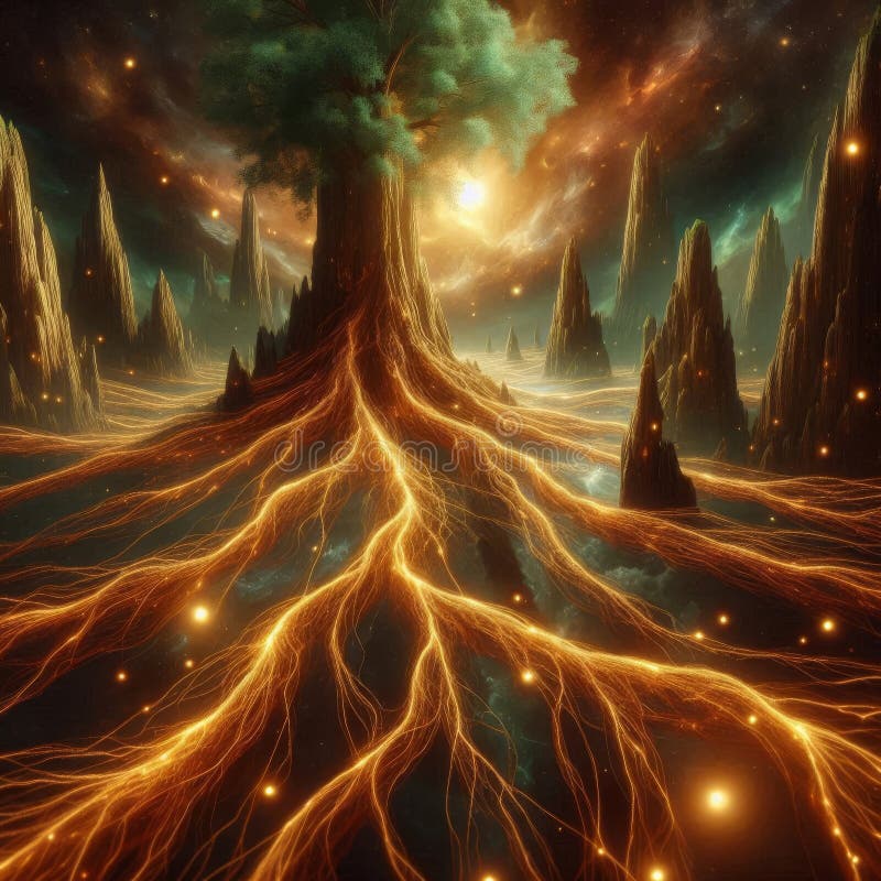 The Ancient Cosmic Tree stock illustration. Illustration of ethereal ...