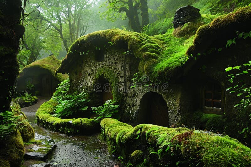 Ancient Cottages Covered in Moss in a Gnome Village Stock Illustration ...
