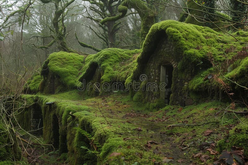 Ancient Cottages Covered in Moss in a Gnome Village Stock Illustration ...