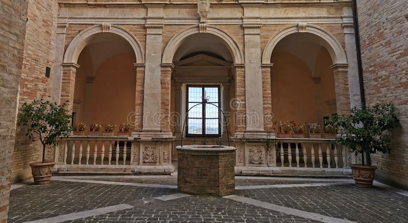 Ancient Courtyard with Arches Well and Window with Panorama Stock Image ...