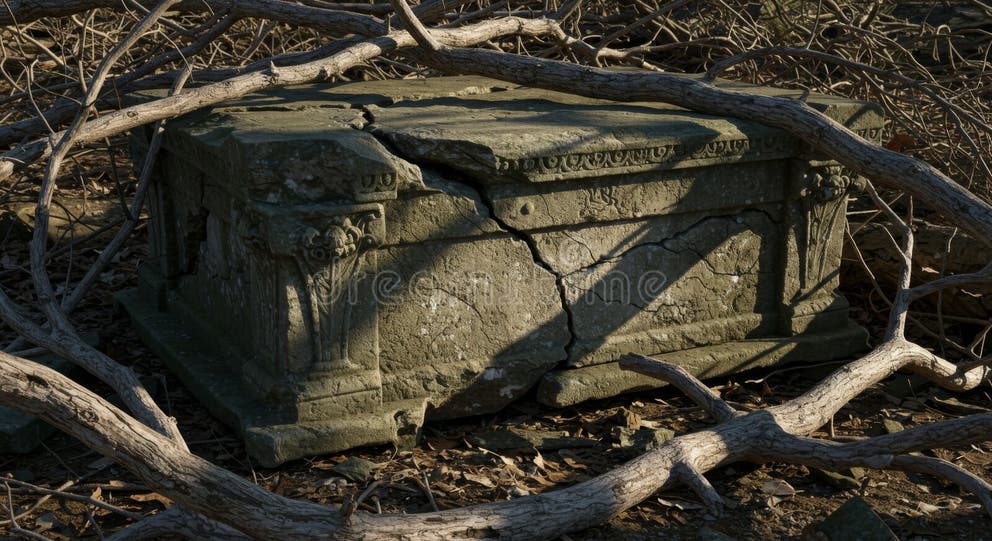Ancient Cracked Stone Box Amidst Overgrown Branches Stock Illustration ...