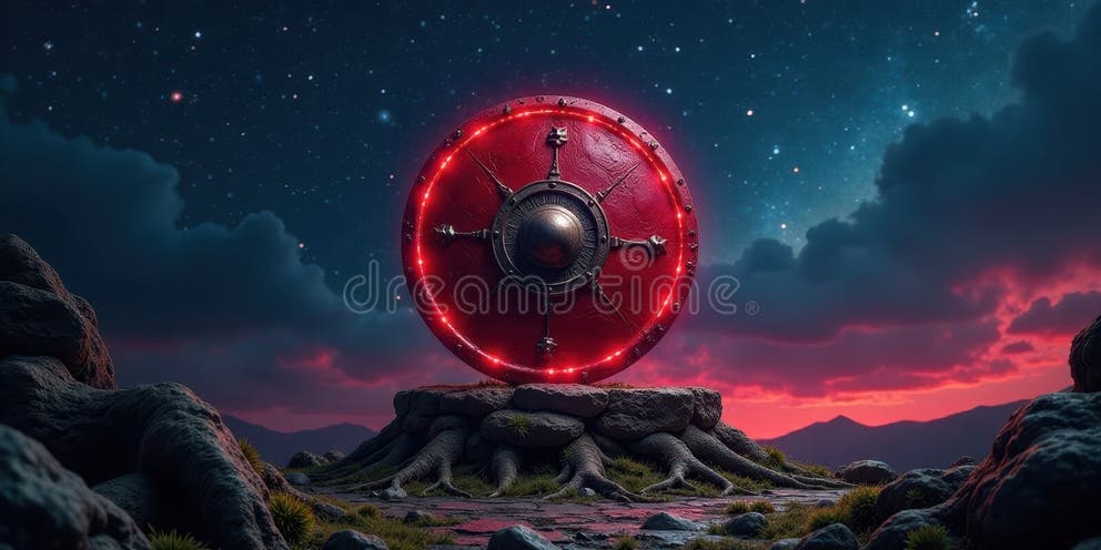 Ancient Crimson Shield upon a Mystical Stone Pedestal Under a Starlit ...