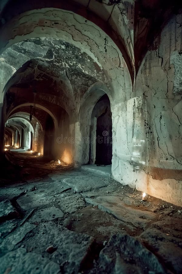 Ancient Crypt Interior with Arched Ceilings, Dim Lighting, and Stone ...
