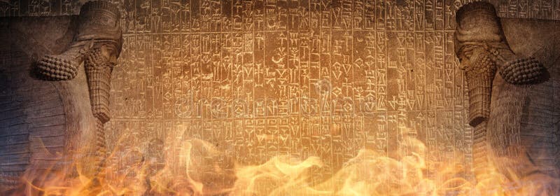 Ancient Cuneiform Sumerian Text and Winged Statue of Lamassu, a ...