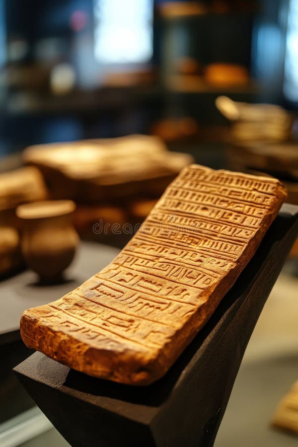 Ancient Cuneiform Tablets Display on Wooden Table Stock Illustration ...