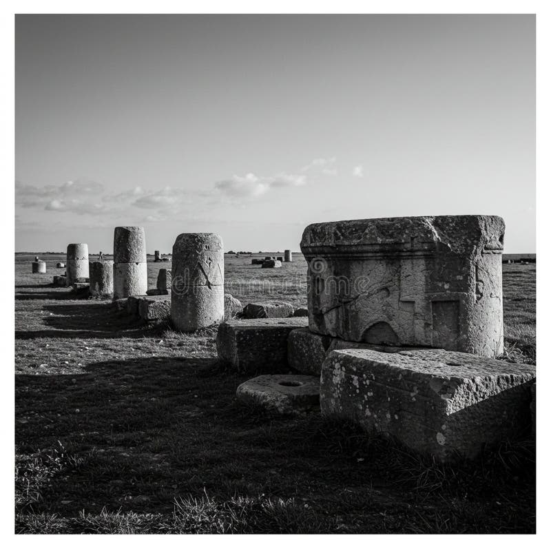 Ancient Cylindrical Stone Pillars and Blocks are Scattered Across a ...