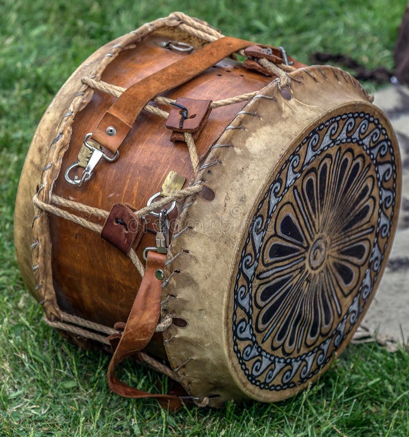 Ancient Dacian Wooden and Leather Drum with Decorations Stock Image ...