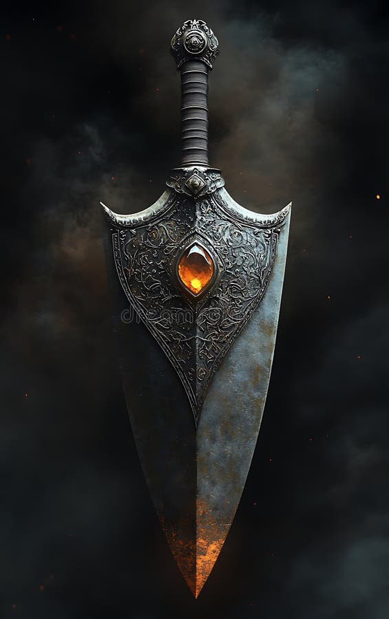 Ancient Dagger with a Sleek Metallic Blade and Glowing Orange Gemstone ...
