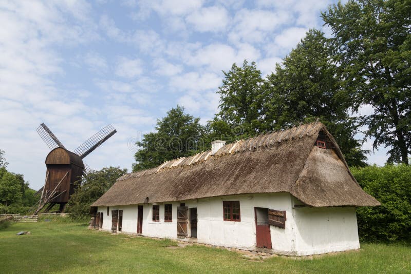 Ancient Danish Farmhouse and Windmill Stock Image - Image of farmland ...