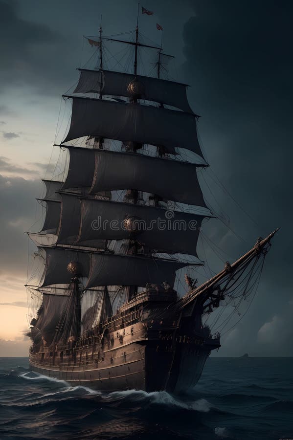 Ancient Dark Pirate Ship in Storm Stock Illustration - Illustration of ...